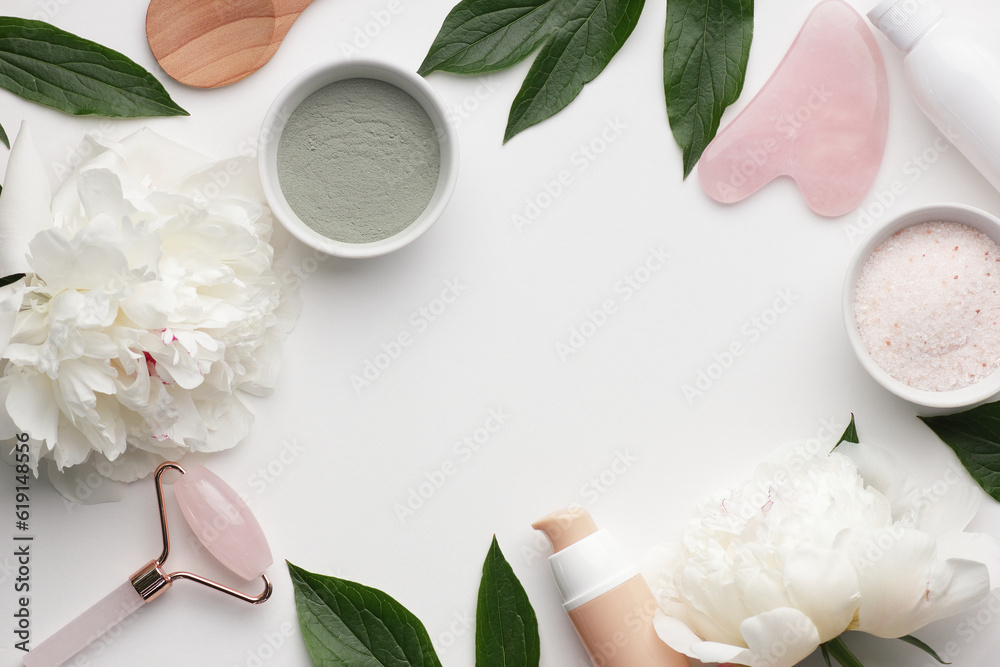 Skin care antiaging mockup frame with copy space, guasha pink quartz ...
