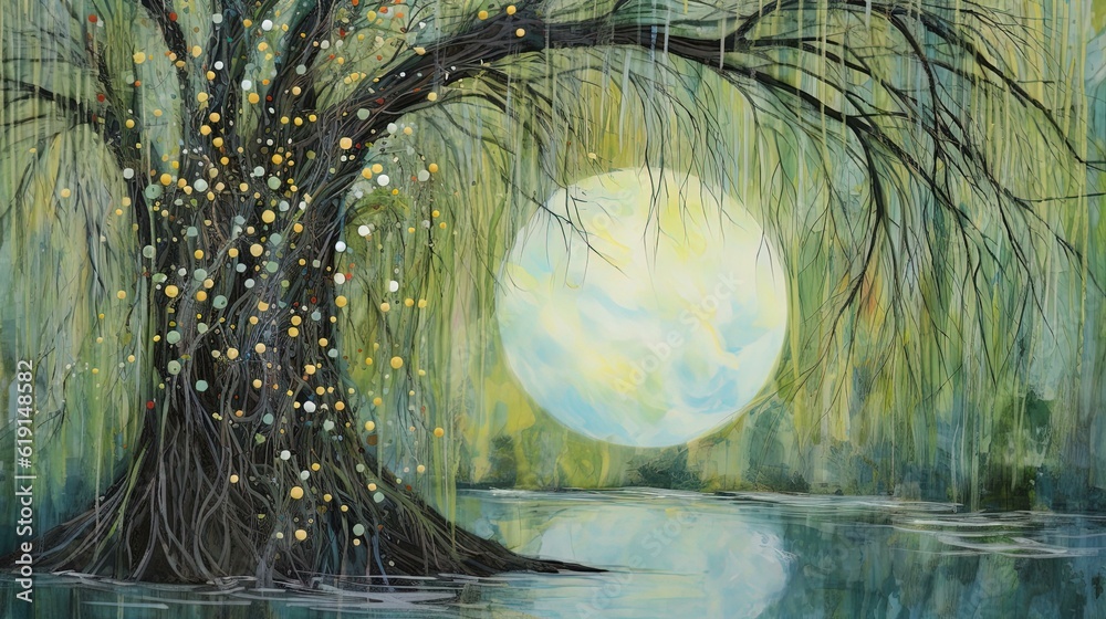 Moon, tree and water fantasy background for beautiful cards and dreamy ...
