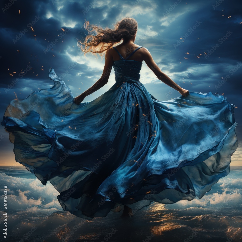 Foto de sensual nymph on a stormy day with air. The flowing blue dress ...