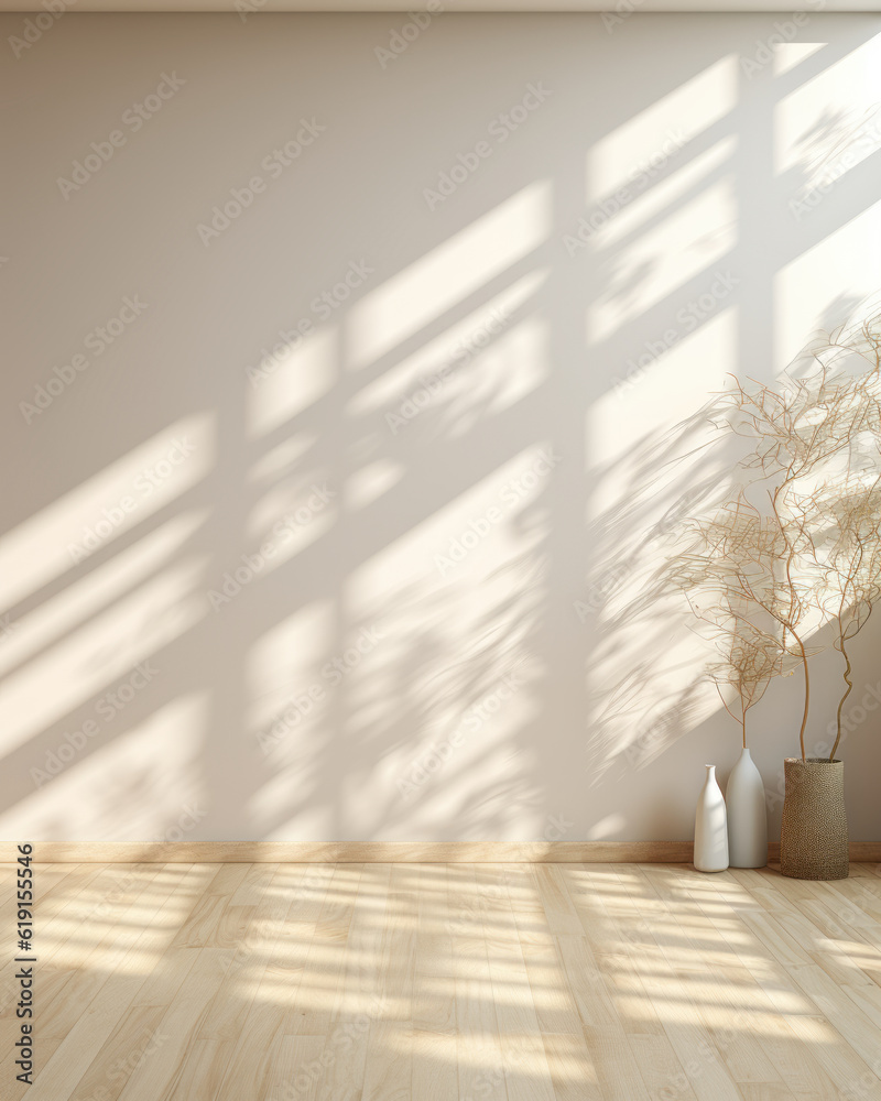 Neutral beige fabric wall with parquet floor in sunlight, shoji window ...