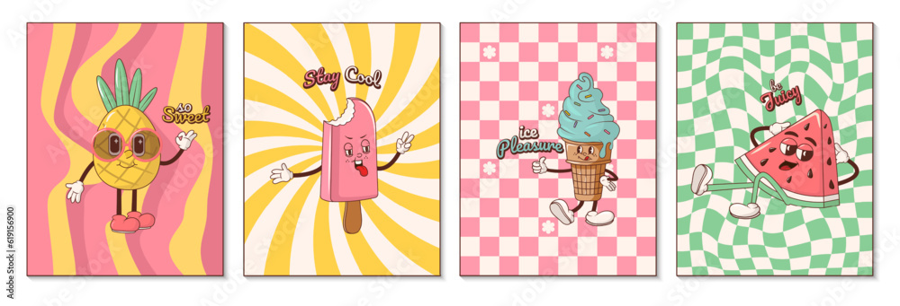 Set of summer groovy posters with cheerful food and drinks characters ...