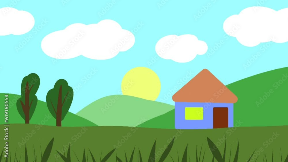 2d cartoon of morning view in village, the sun rising, sky looks bright ...