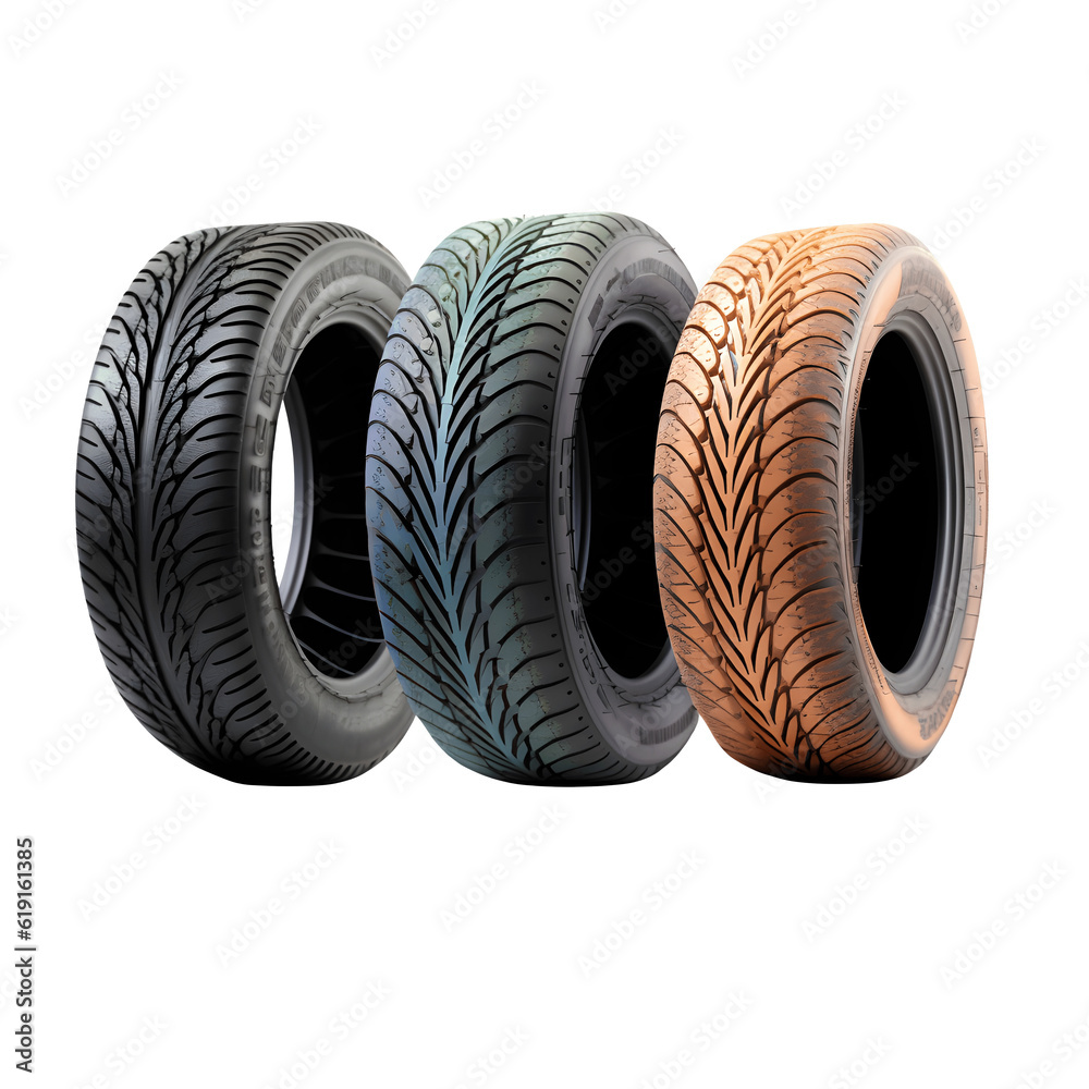 3 colorful summer tyres on transparent background, png file, isolated ...