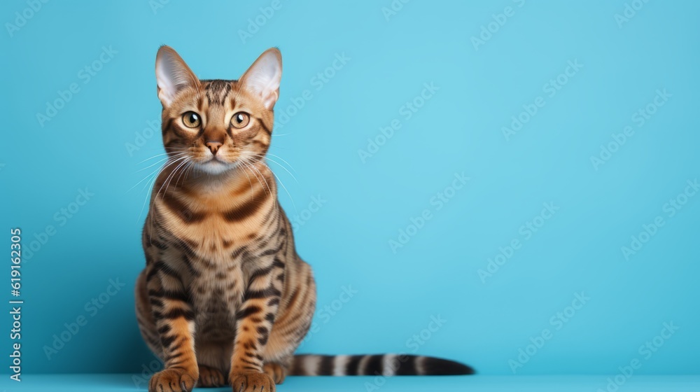 Small Bengal cat horizontal photo blue background. Free space for text ...
