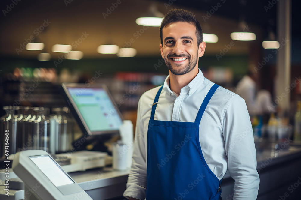 Cheerful young man working as a cashier in a grocery store. In her ...