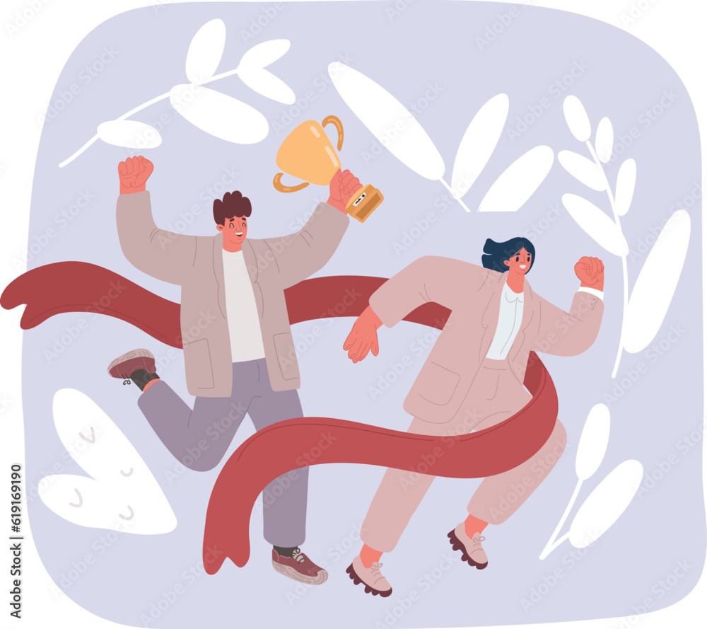 Cartoon illustration of a business team crossing a finishing line with ...