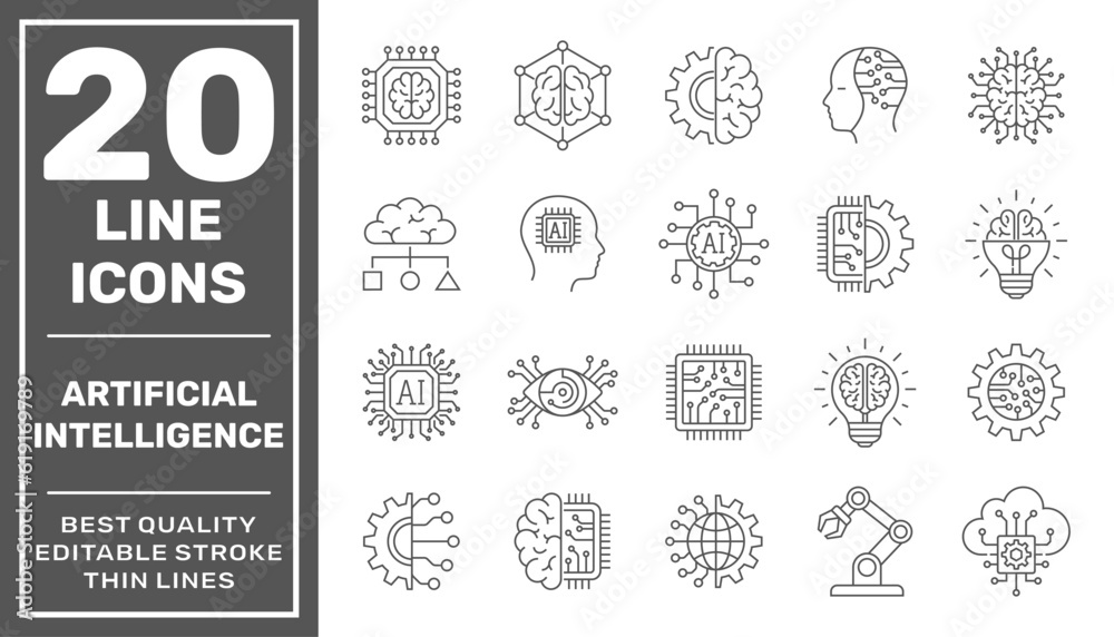 Artificial Intelligence outline icon set with machine learning, smart robotic, cloud computing ...