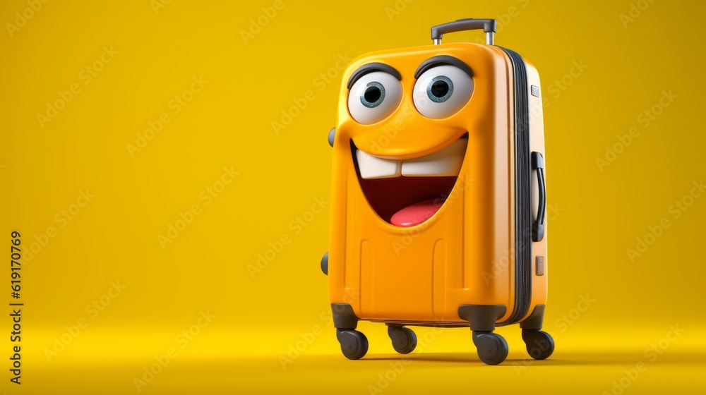 Excited yellow baggage running in an empty space, isolated on a ...