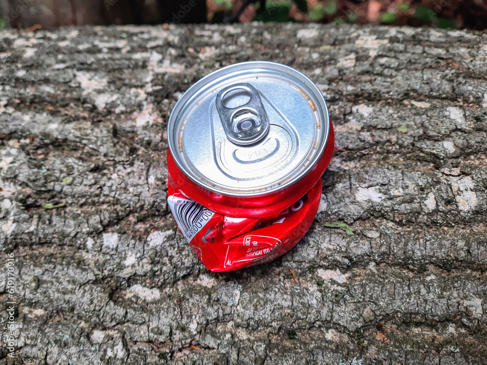 Crushed aluminum can from a carbonated drink. Food packaging waste ...