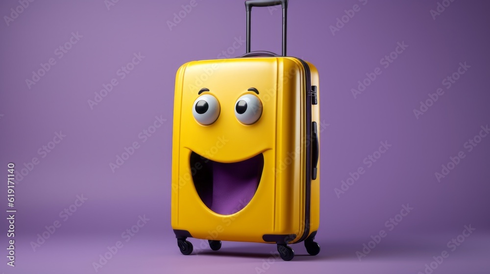 Excited yellow baggage running, isolated on a purple background ...