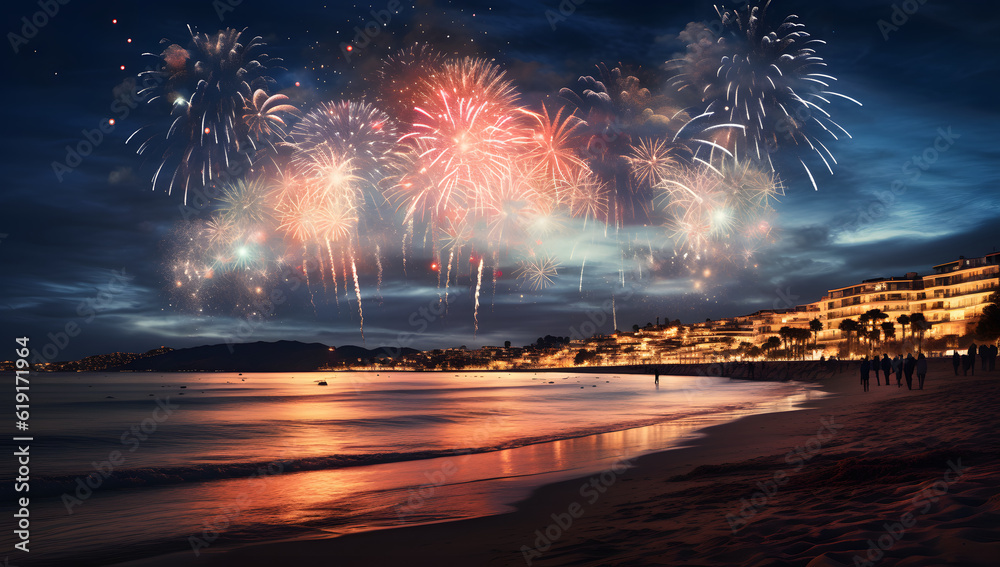 Amazing fireworks illuminating the night sky, viewed from the serene ...