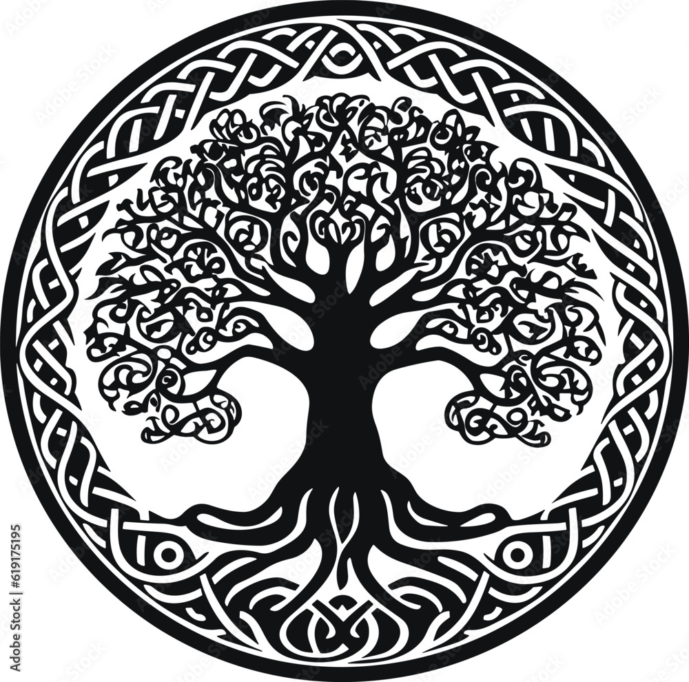 Vector illustration, decorative Celtic tree of life, black and white ...