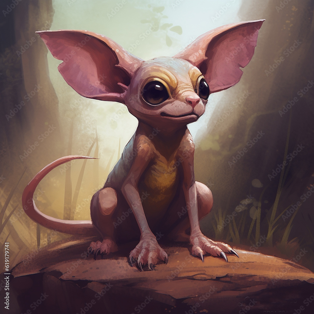 Chupacabra, scary fantastic mystical creature, close-up, with big ears and long claws, baby ...