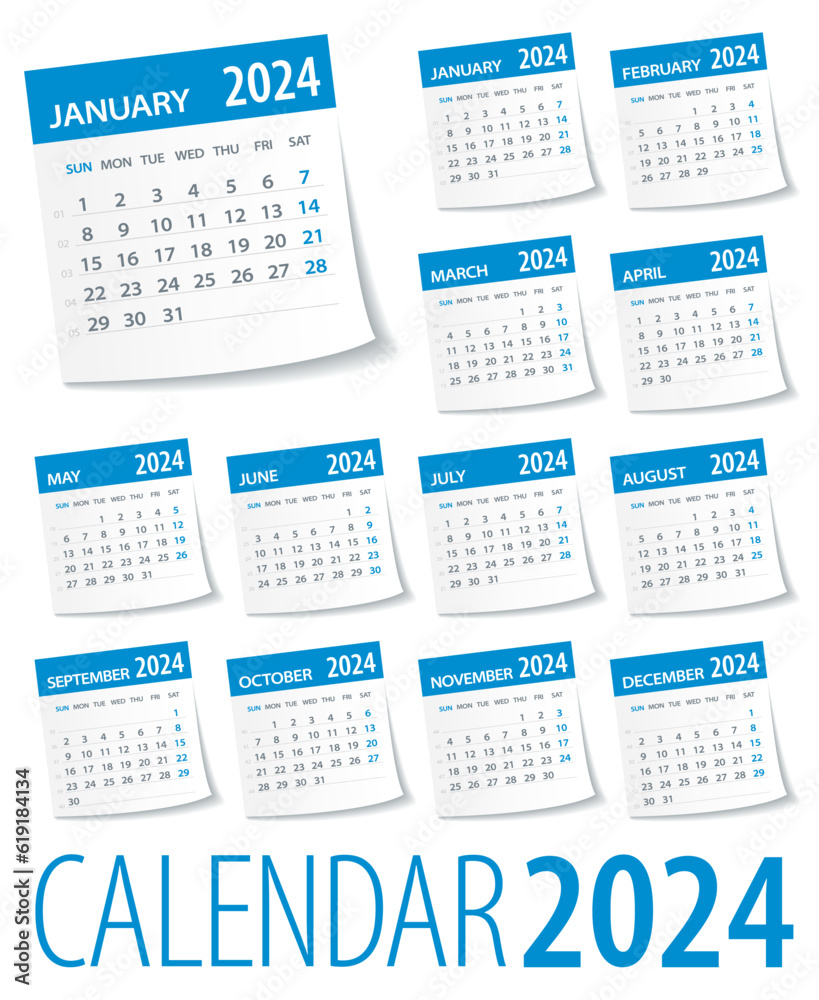 2024 Calendar Leaves Set. Week Starts on Monday. Vector Illustration ...