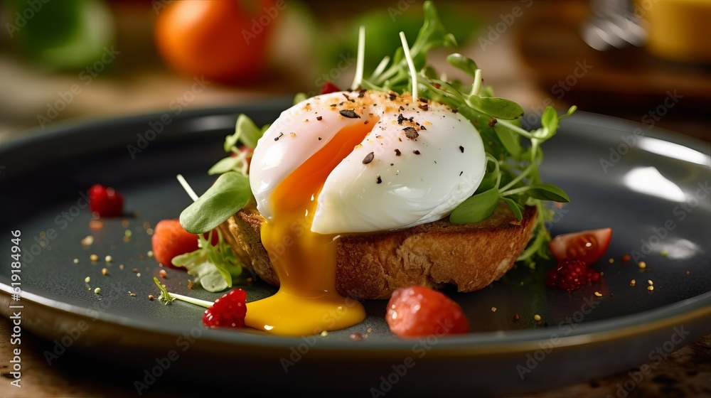 poached egg with leaking yolk, protein healthy food, egg benedict keto ...