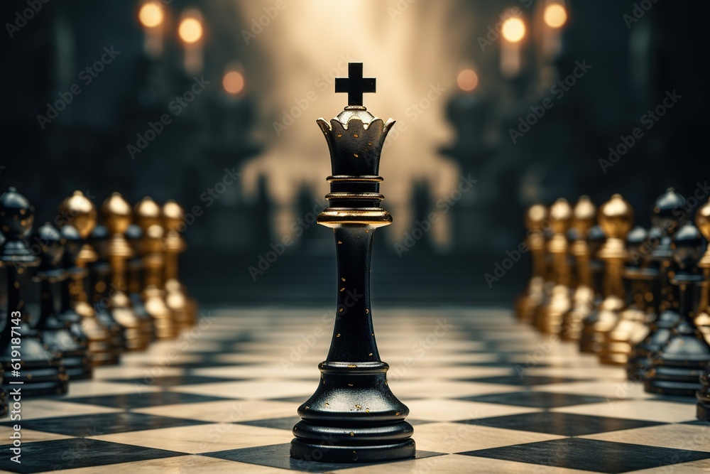 Black king winner surrounded with black gold chess pieces on chess board game competition ...