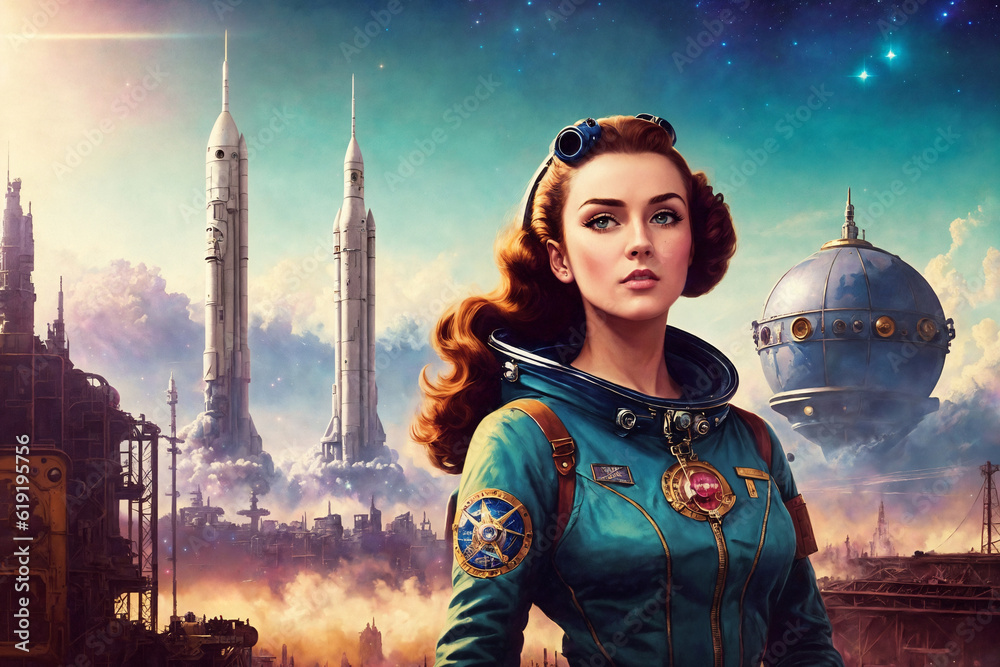 Portrait of a beautiful woman as an astronaut, space theme in the retro ...