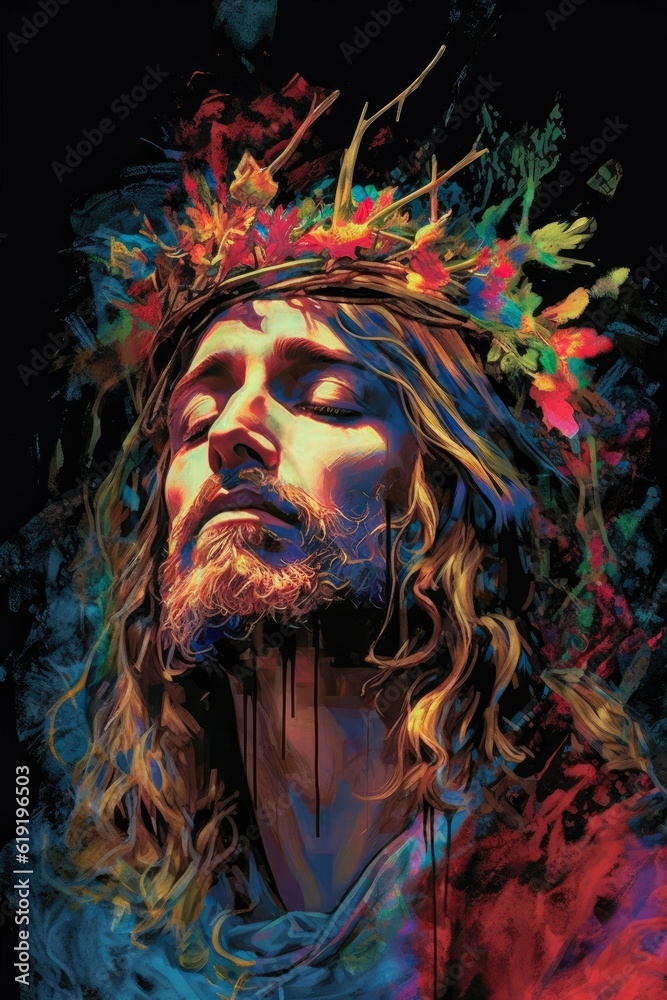 Colorful oil painting of the expression of the face of Jesus Christ our ...