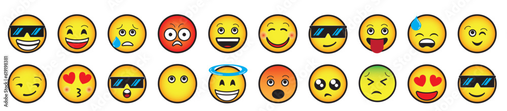 Yellow emojis. Simple style. Happy, angry, in love and sad. Vector ...