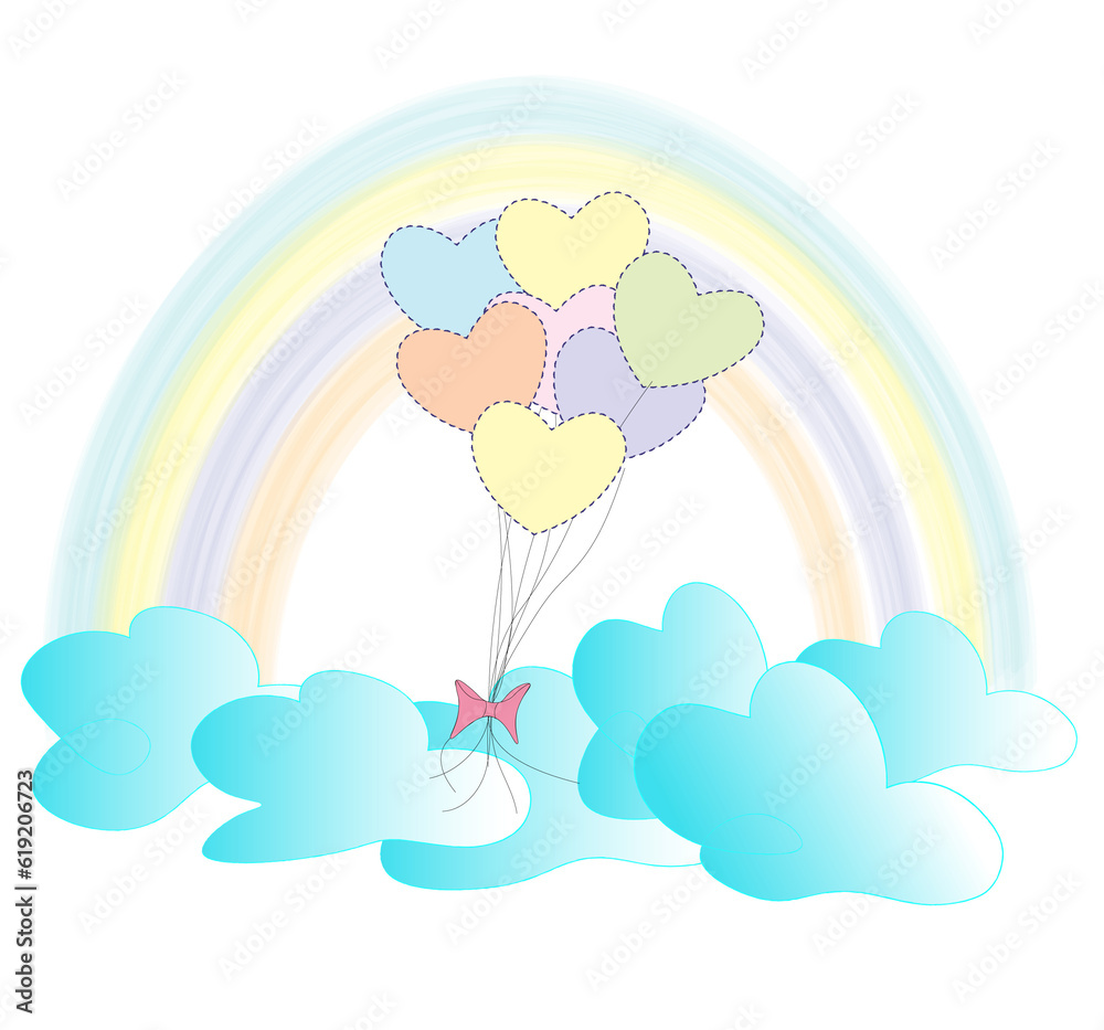 Ilustración De Globos En Forma De Corazón En El Cielo Con Nubes Y