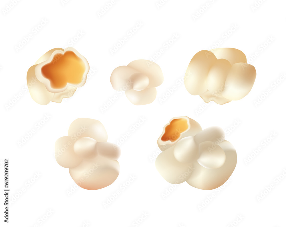 Set of popcorn, pop corn grains and fluffy piecesisolated on white. 3D ...