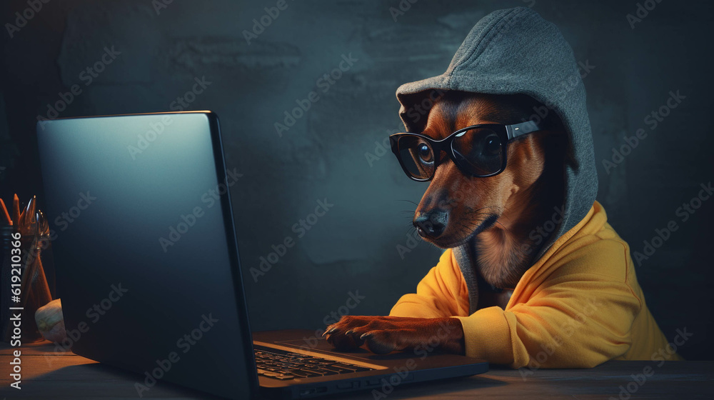 Hacker Dog working in computer. solid isolated dark background ...