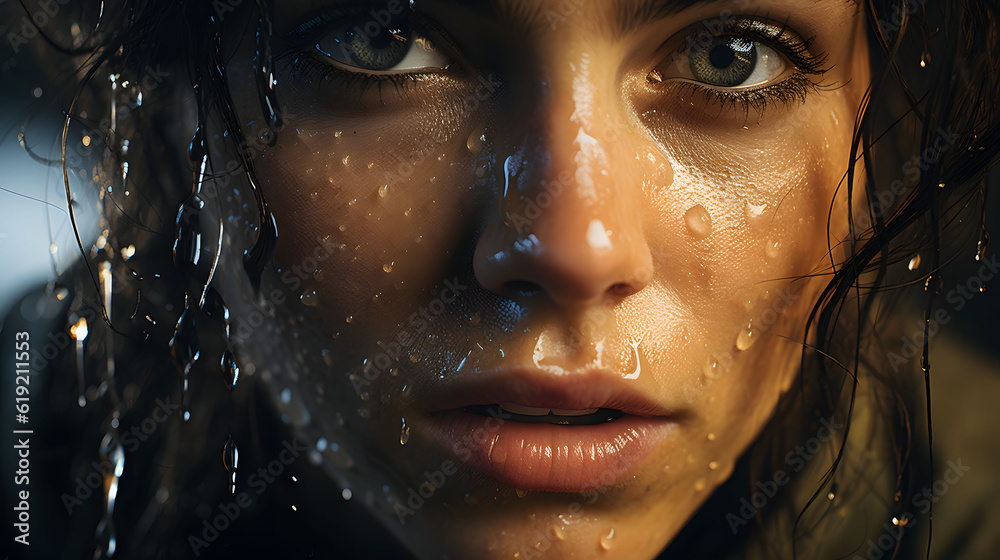 Cinematic portrait photography woman face with covered in raindrops ...