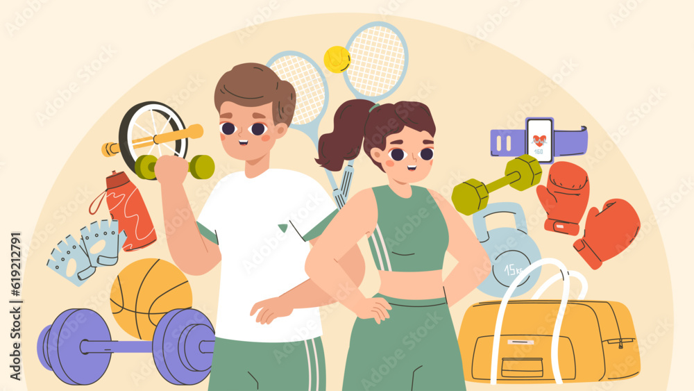 Fitness training concept. Young athletes, male female active workout ...