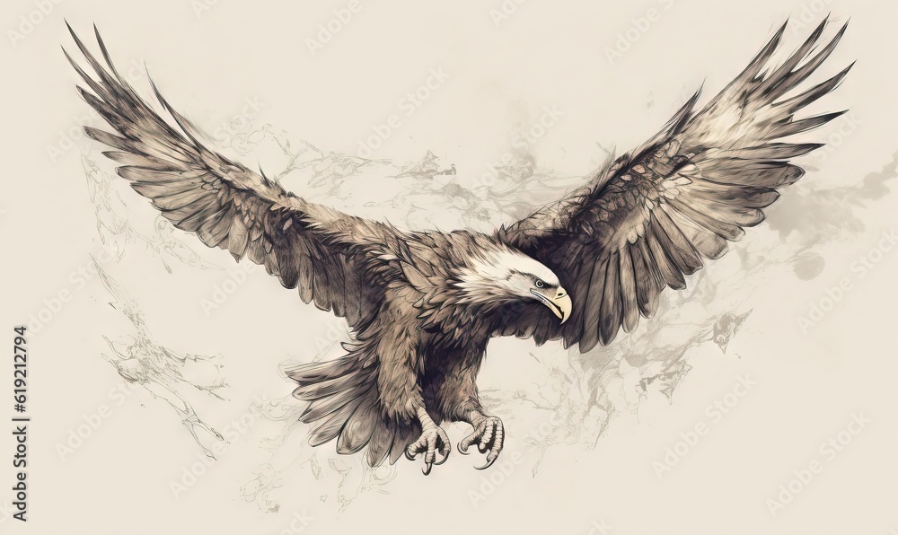 a drawing of a bald eagle flying in the air with its wings spread ...