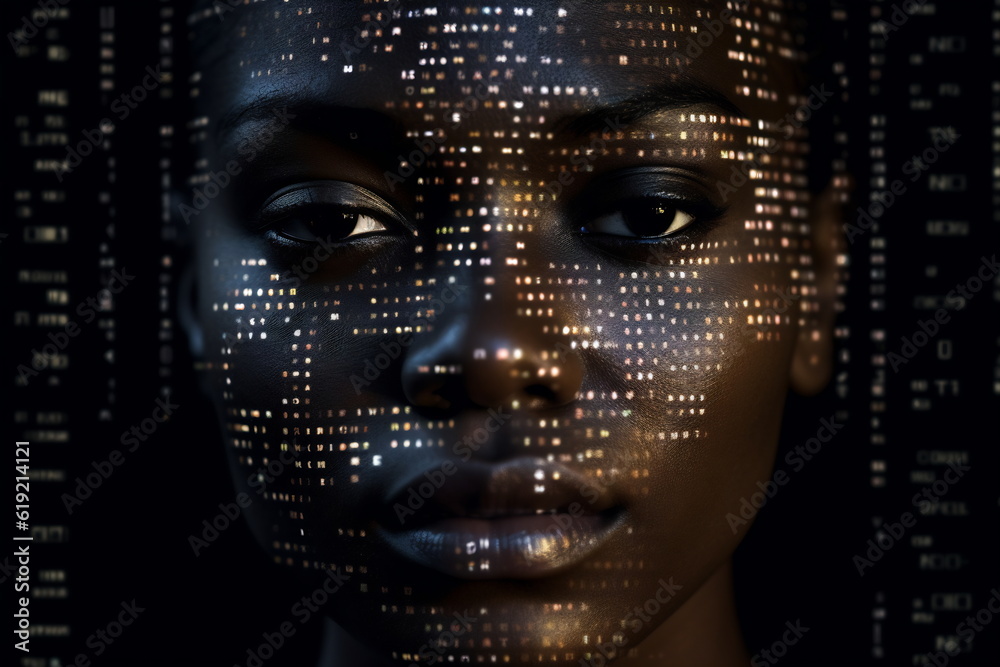 Black woman face with digital matrix numbers. Artificial intelligence ...