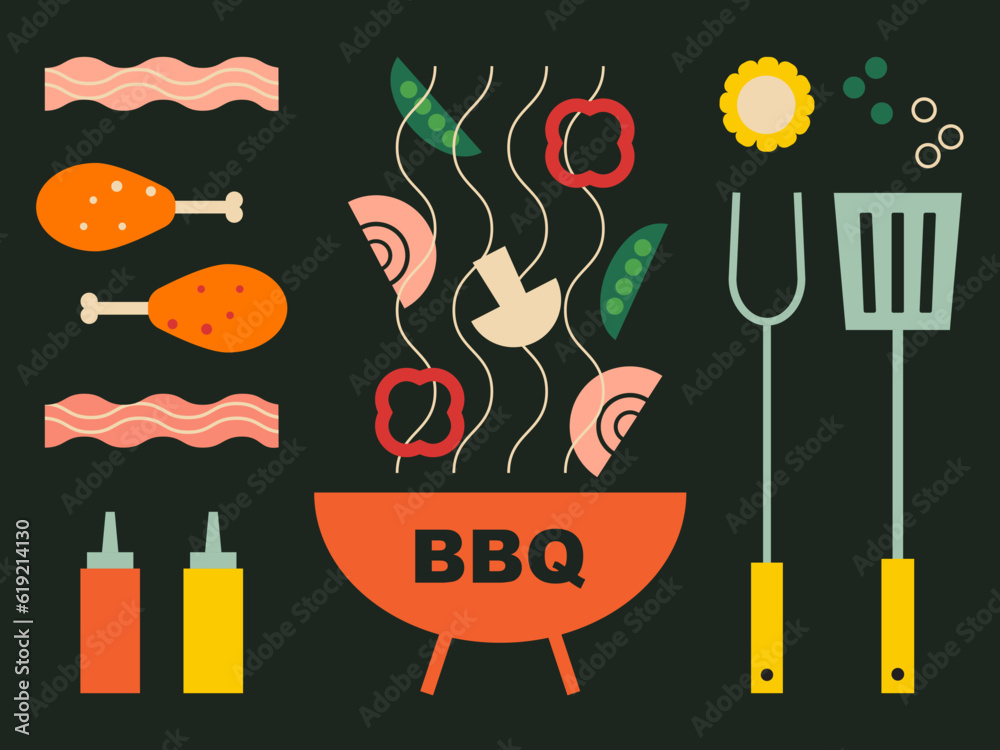 Barbecue elements set. Grill barbecue illustration. BBQ set for summer ...
