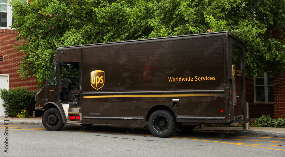 Providence, RI, USA, July 2, 2023, UPS delivery sign, symbolizing ...
