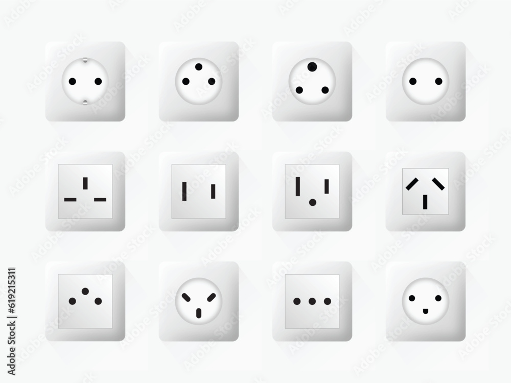 Realistic world socket types icons. USA, Europe, Asia etc. electrical ...