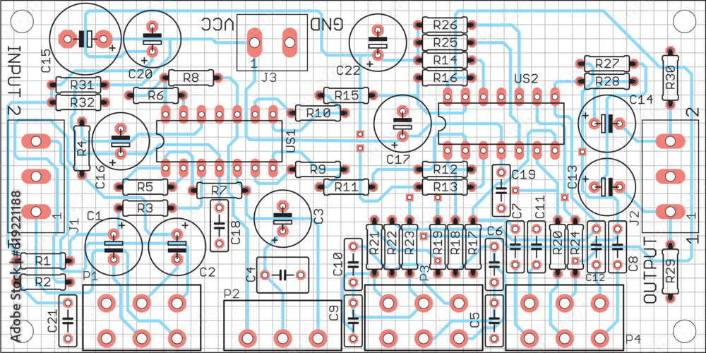 Vector printed circuit board of an electronic device with components of ...