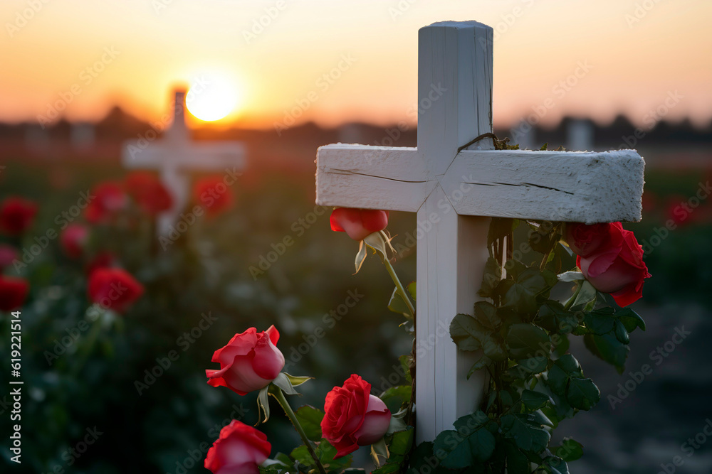 Small white wooden Christian cross decorated with red roses, at sunrise ...