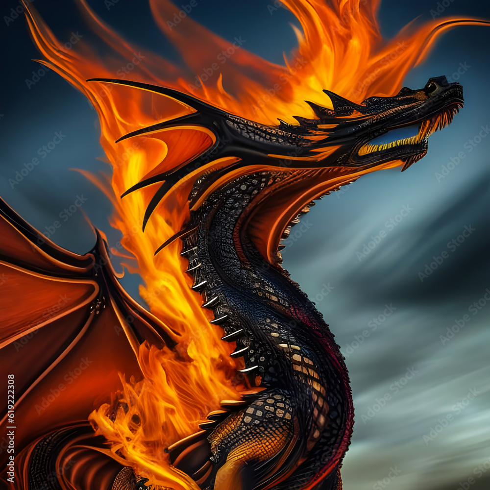 Realistic illustration created by AI Generator of a fire dragon with a ...