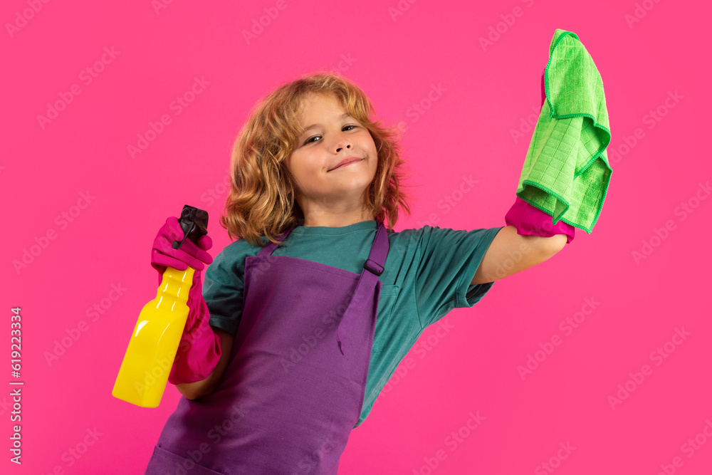 Little kid cleaning at home. Child doing housework having fun. Studio ...