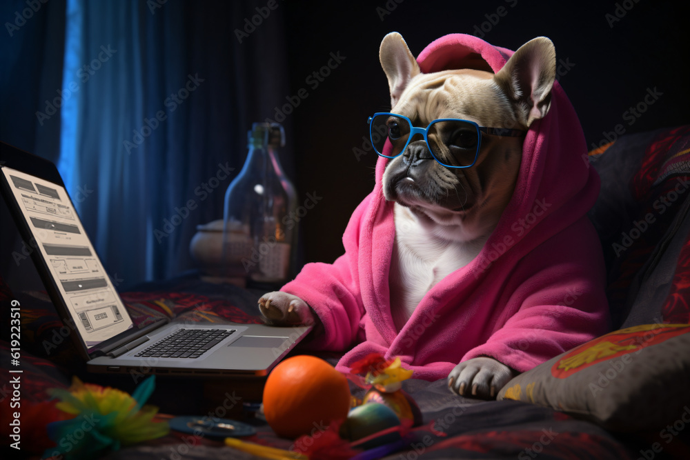 Cute French Bulldog Working on laptop wearing Glasess and a bathrobe ...