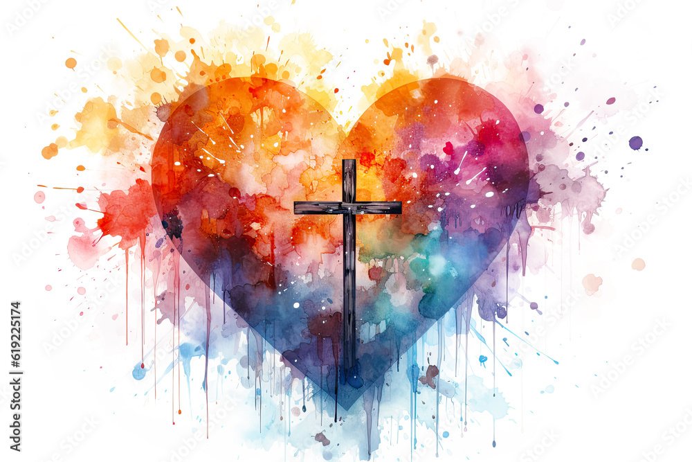 Black Christian Cross in Colorful Watercolor Heart Isolated on White ...
