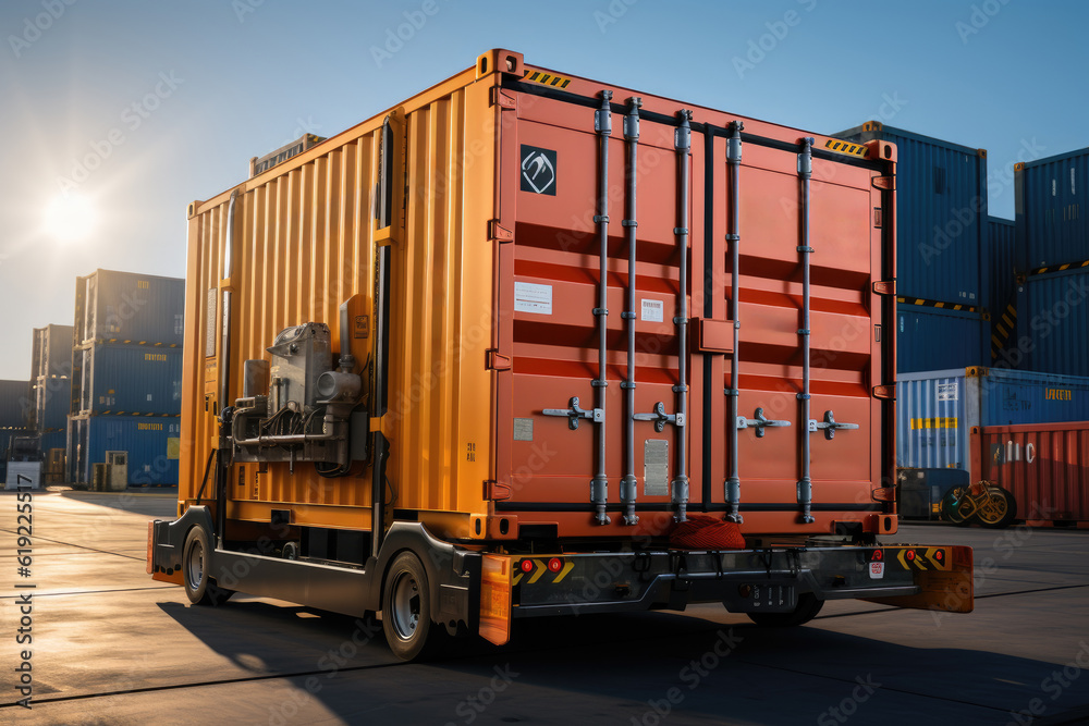 Crane car transporting and stacking container boxes in a container ...