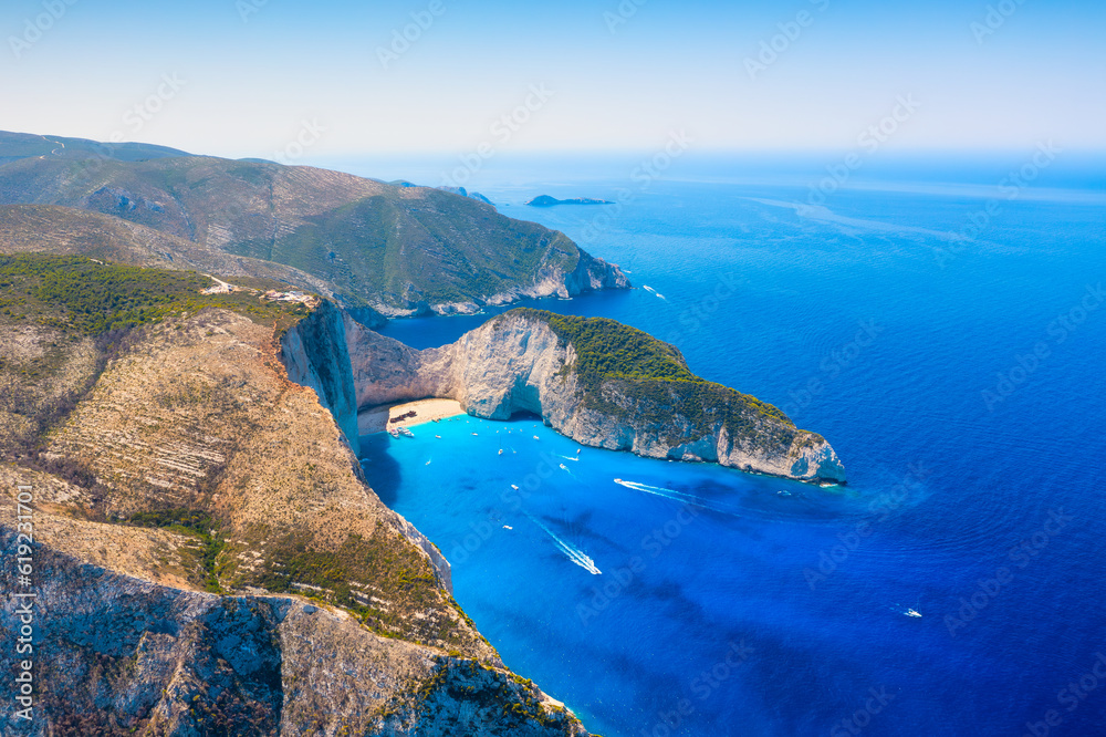 View of Navagio beach, Zakynthos Island, Greece. Aerial landscape ...