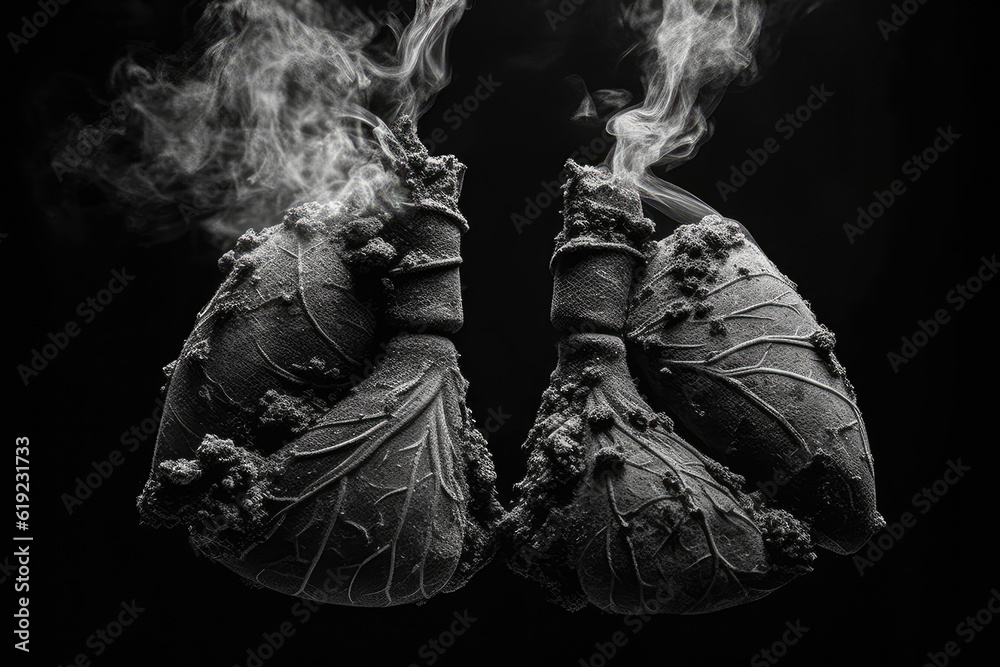 A black and white photo depicting damaged lungs caused by smoking, with ...