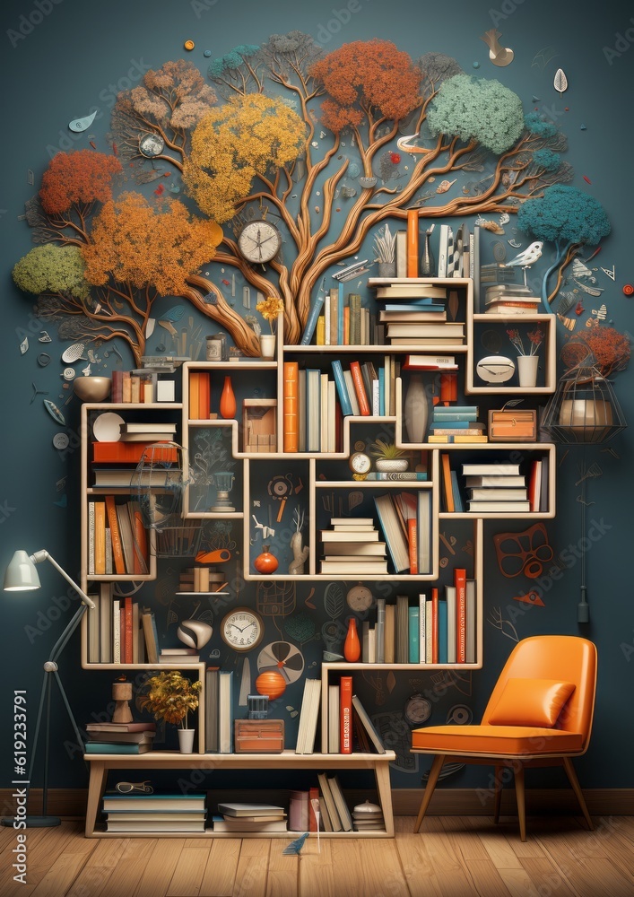 Wonderful virtual home library. Asymmetrical shelf with lots of books ...