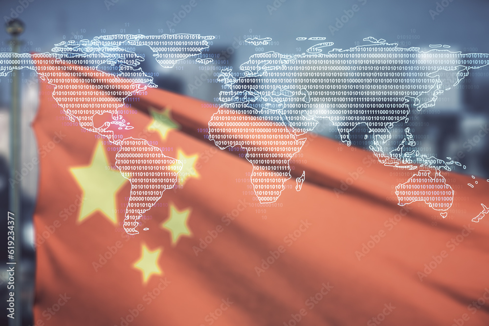 Double exposure of abstract digital world map on flag of China and ...