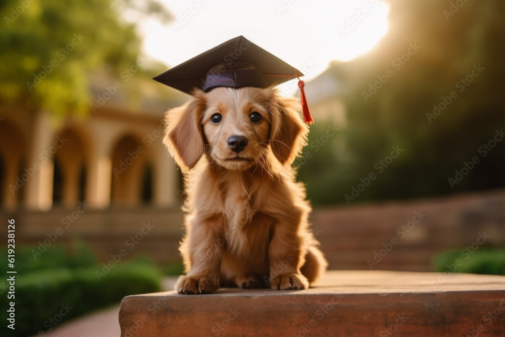puppy wearing a graduation cap, sitting. cuteness and joy combined with ...