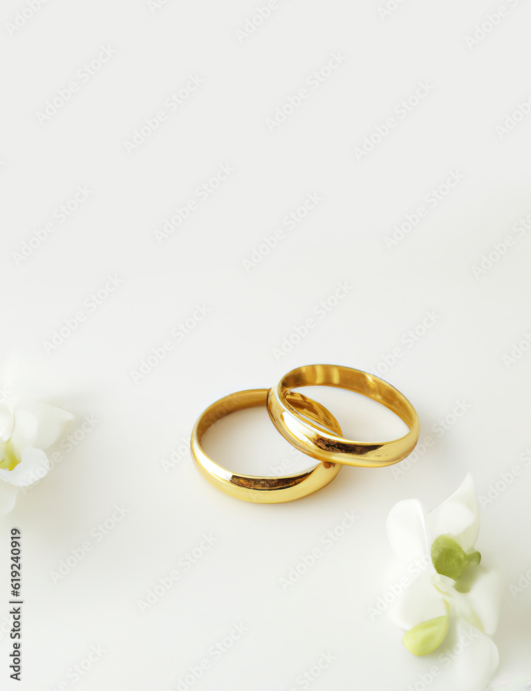 Gold wedding rings with small flowers on off white background Wedding ...