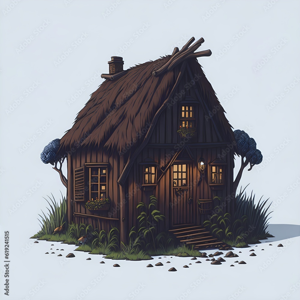 An isometric illustration of mysterious old hut. Realistic anime style ...