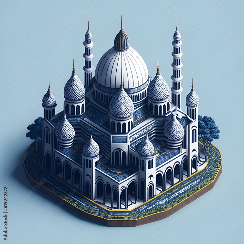 An isometric illustration of detailed grand mosque. Realistic anime ...