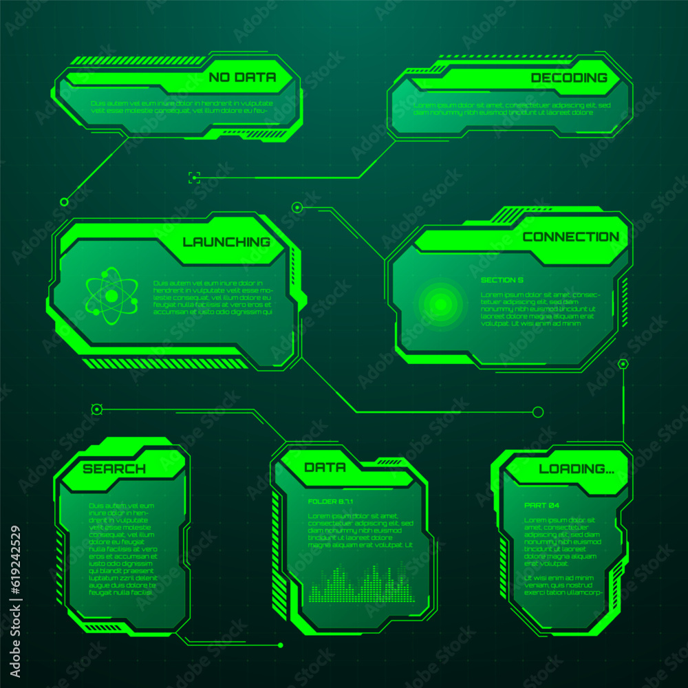 Green futuristic HUD, UI elements. Sci-fi user interface text boxes ...
