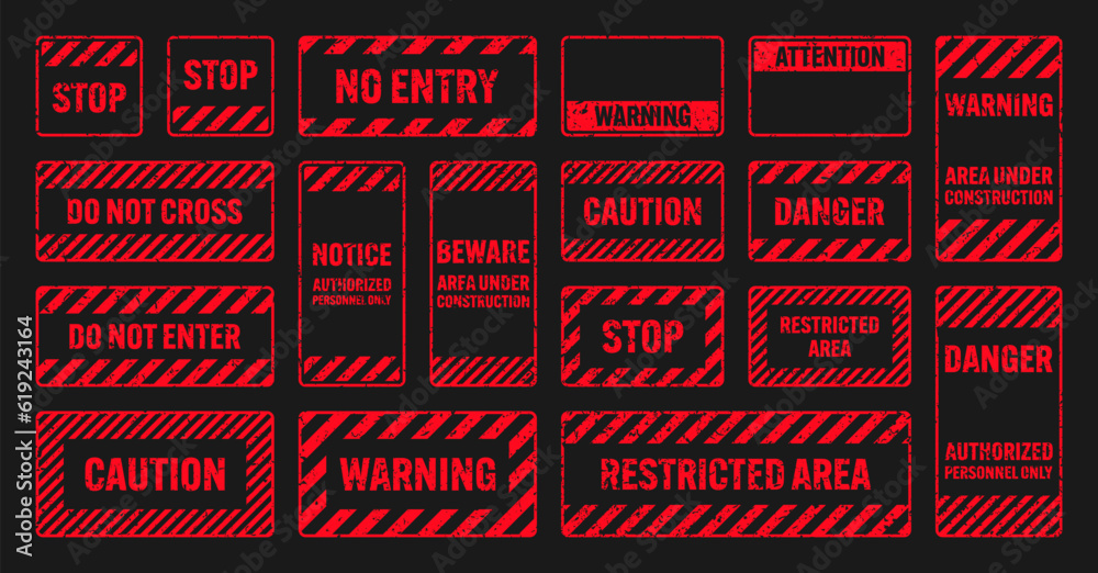 Various red grunge warning signs with diagonal lines. Old attention ...